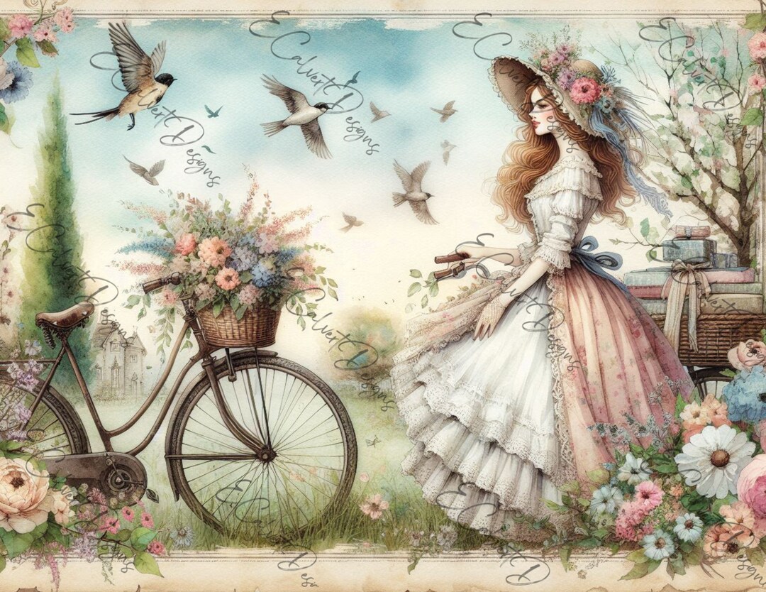 Shabby Chic Lady Bicycle Birds Flowers Vintage Digital Download A4 Rice ...