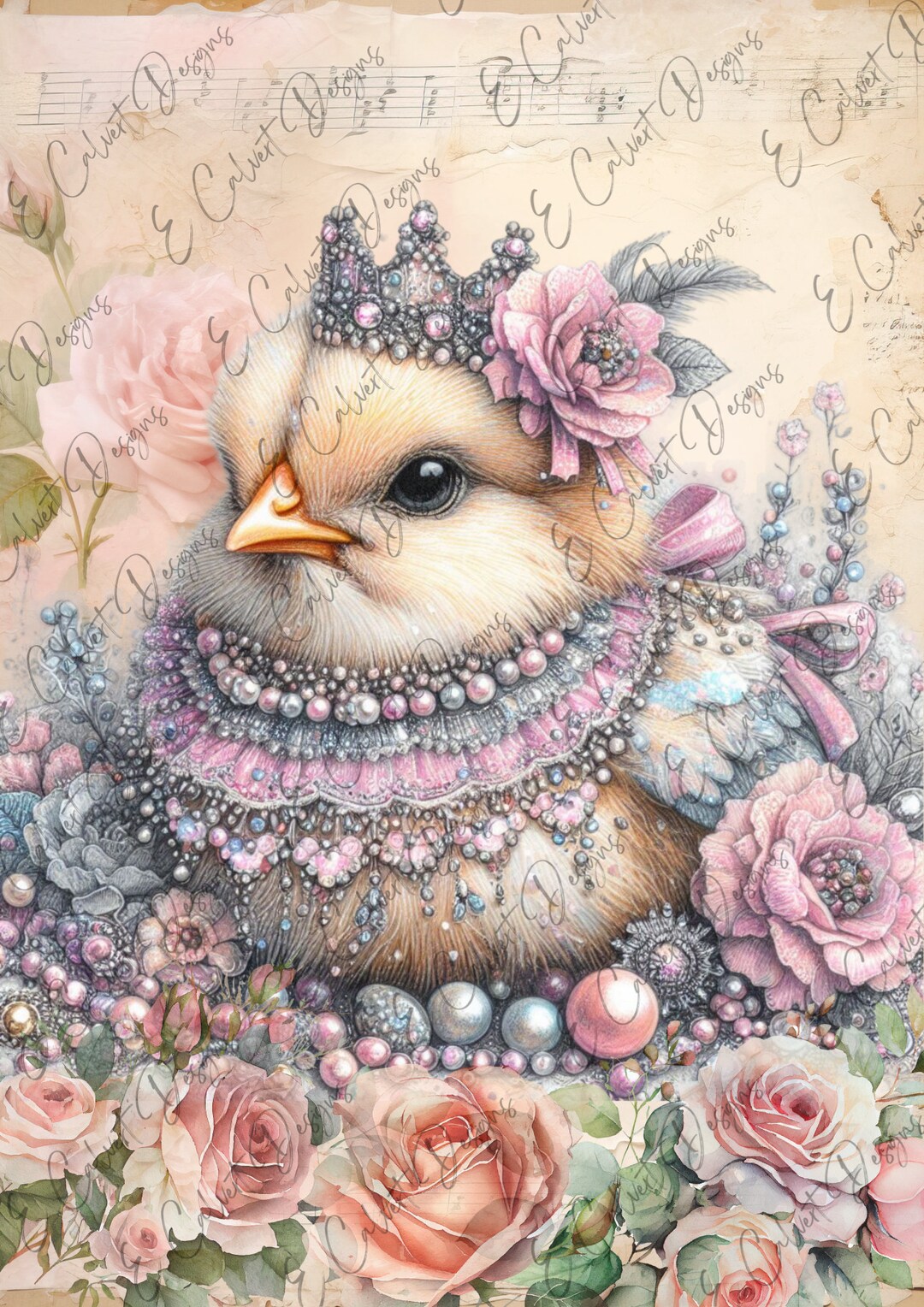 Print Only** Easter Chicks With Bling Crown Pink Roses Pearls Baby ...