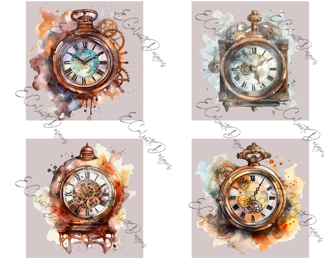 Steampunk Clocks Digitals for Rice Paper Decoupage 4in X 4in Watercolor ...