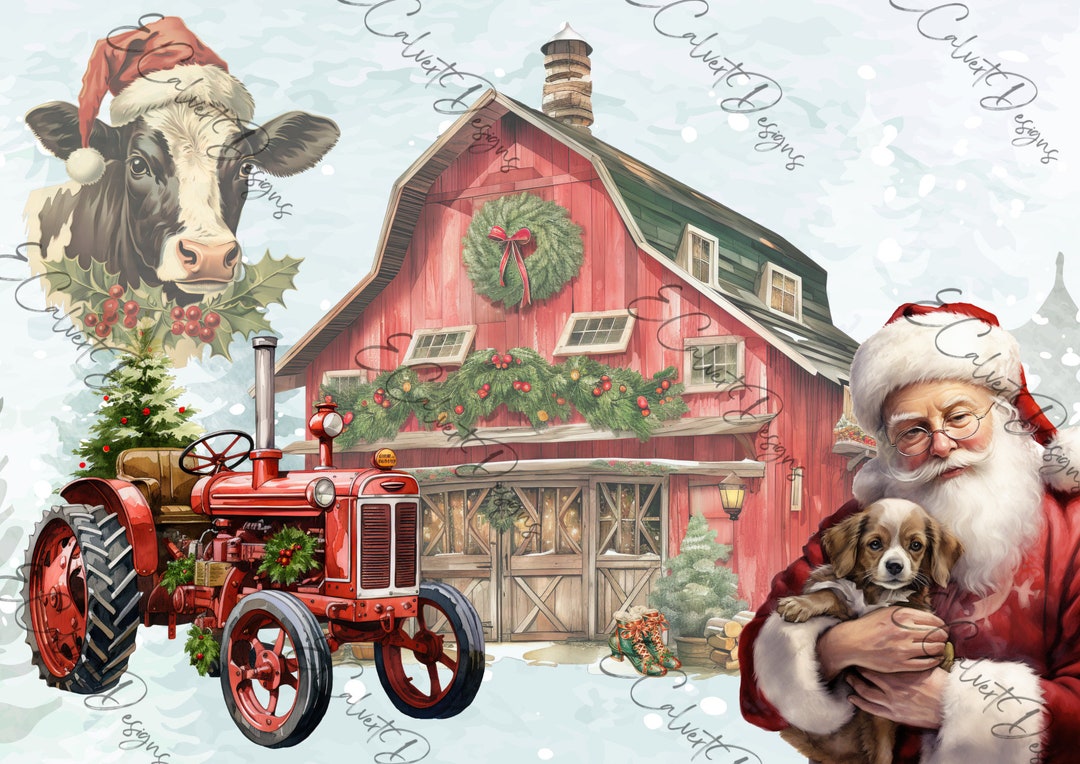 Christmas Farm Cow Tractor Santa Dog Barn Digital Download for Rice ...