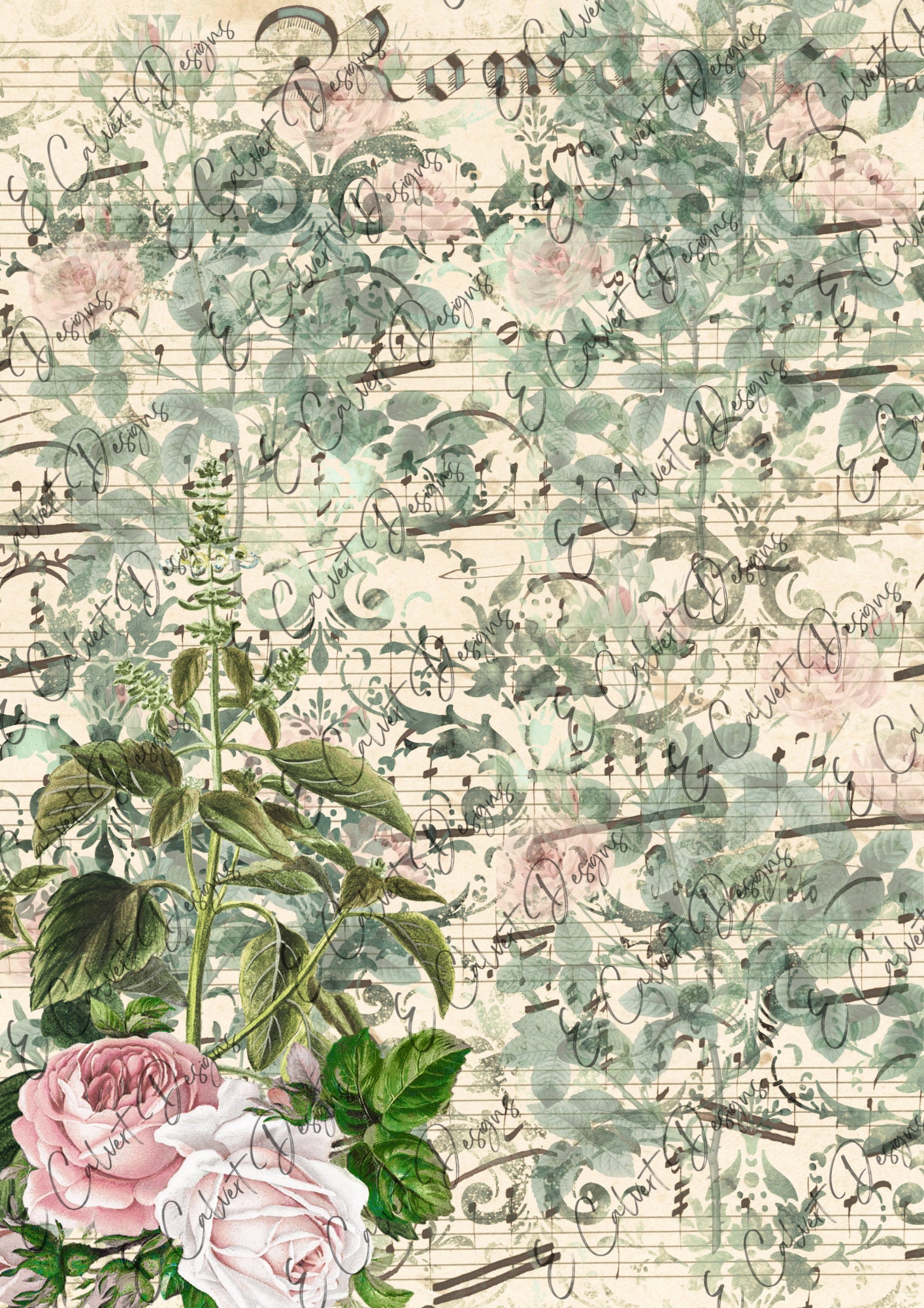 Ephemera Pink and Green Floral Digital Download for Rice Paper ...