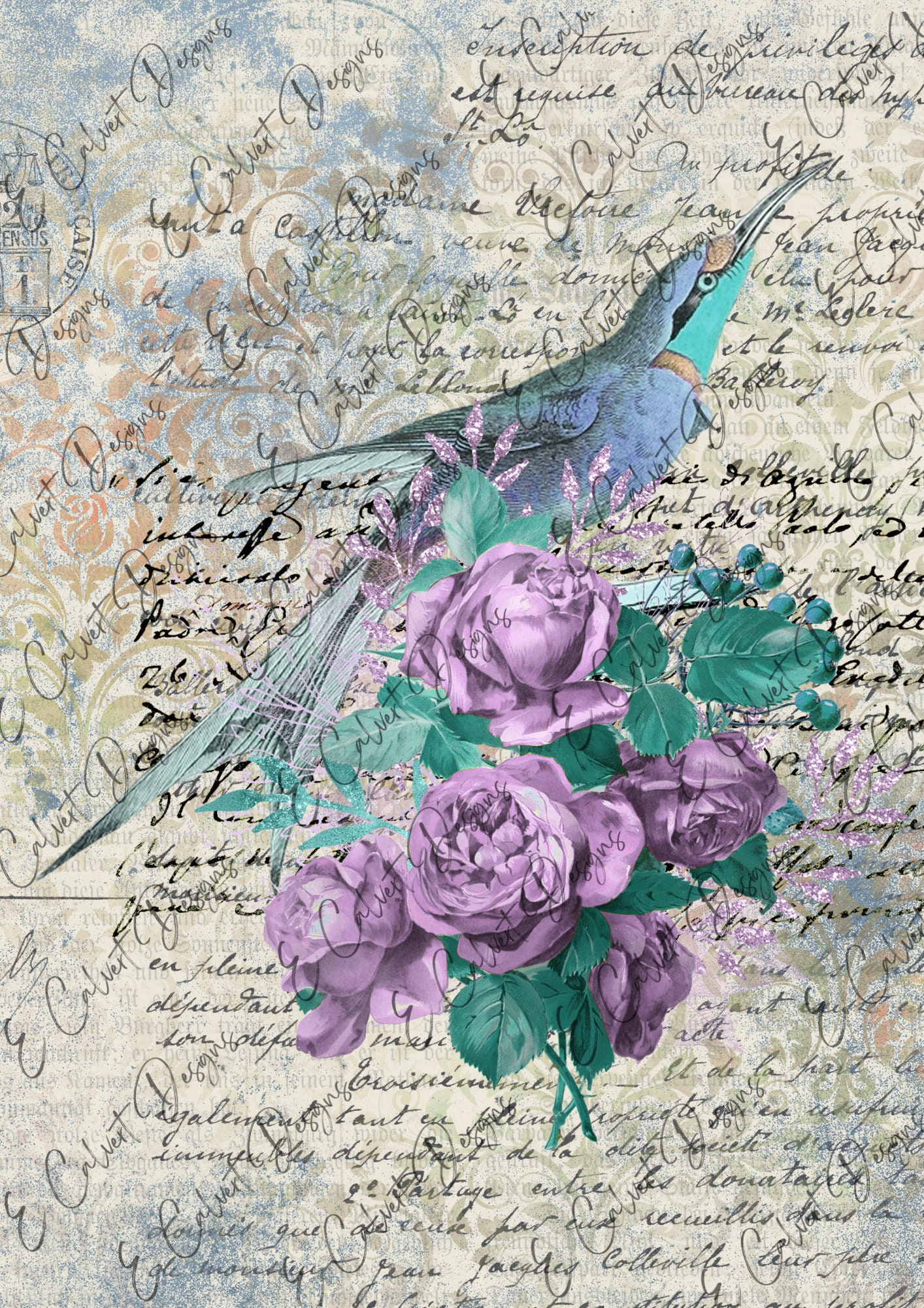 Bird Ephemera Teal, Blue, Lavender Floral Digital Download for Rice ...