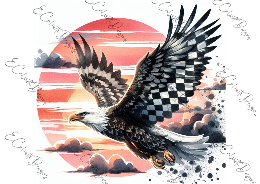 PRINT ONLY** Eagle Flying High With American Flag in Background Black ...