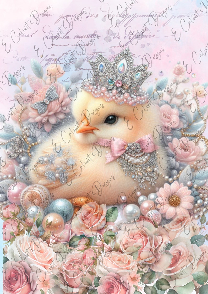 Print Only** Easter Chicks With Bling Crown Pink Roses Pearls Baby ...