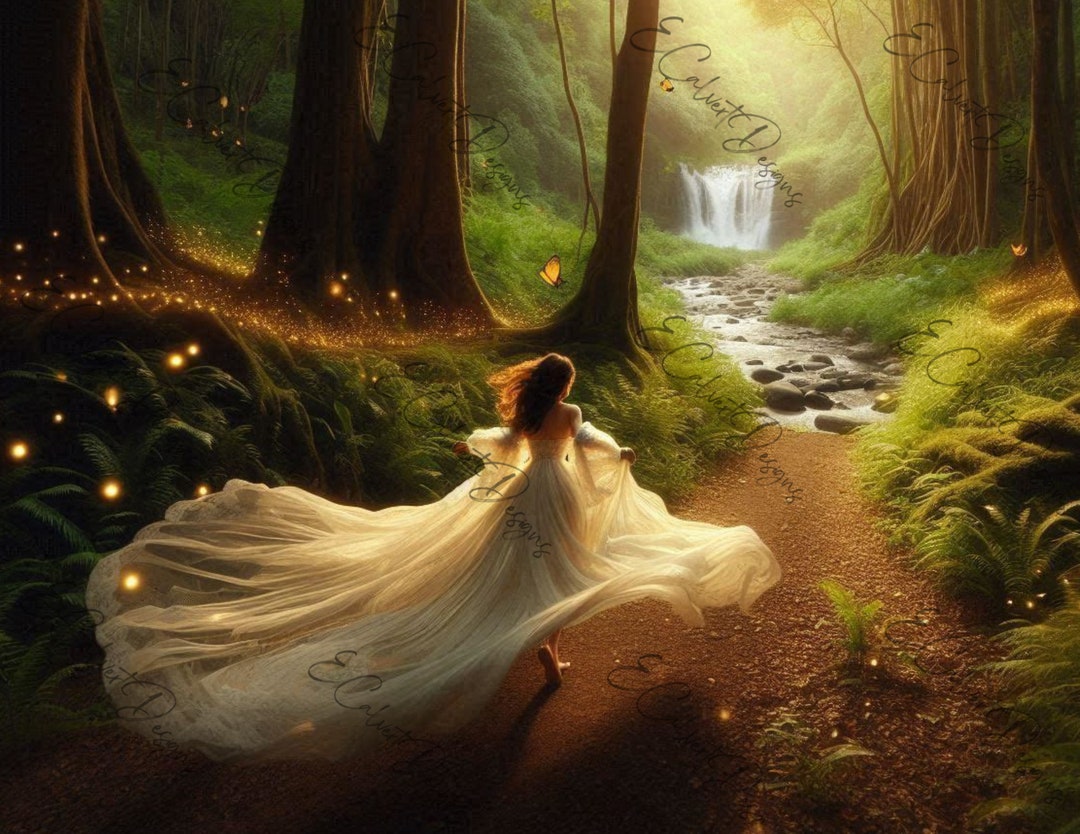 Lady Running Through Forest, Fireflies, White Gown, Digital Download A4 Rice Paper Decoupage ...