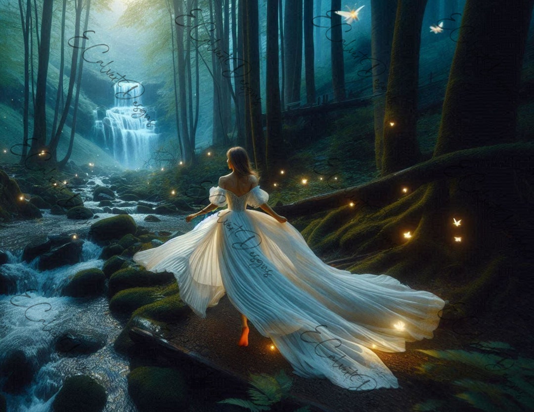 Lady Running Through Forest, Fireflies, White Gown, Digital Download A4 Rice Paper Decoupage ...