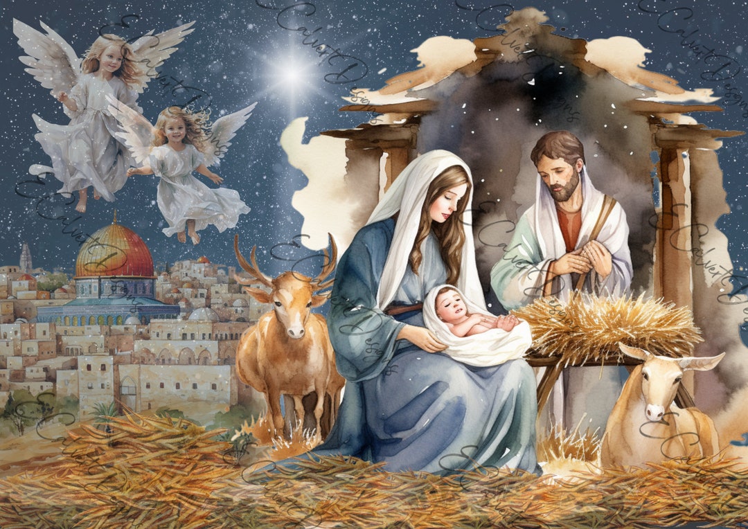 Nativity Scene Mary Joseph Baby Jesus Angels Manger Digital for Rice ...