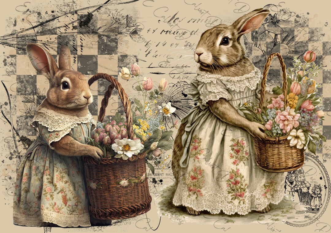 Country Bunny Easter Flowers Basket Digital Download A4 Rice Paper ...