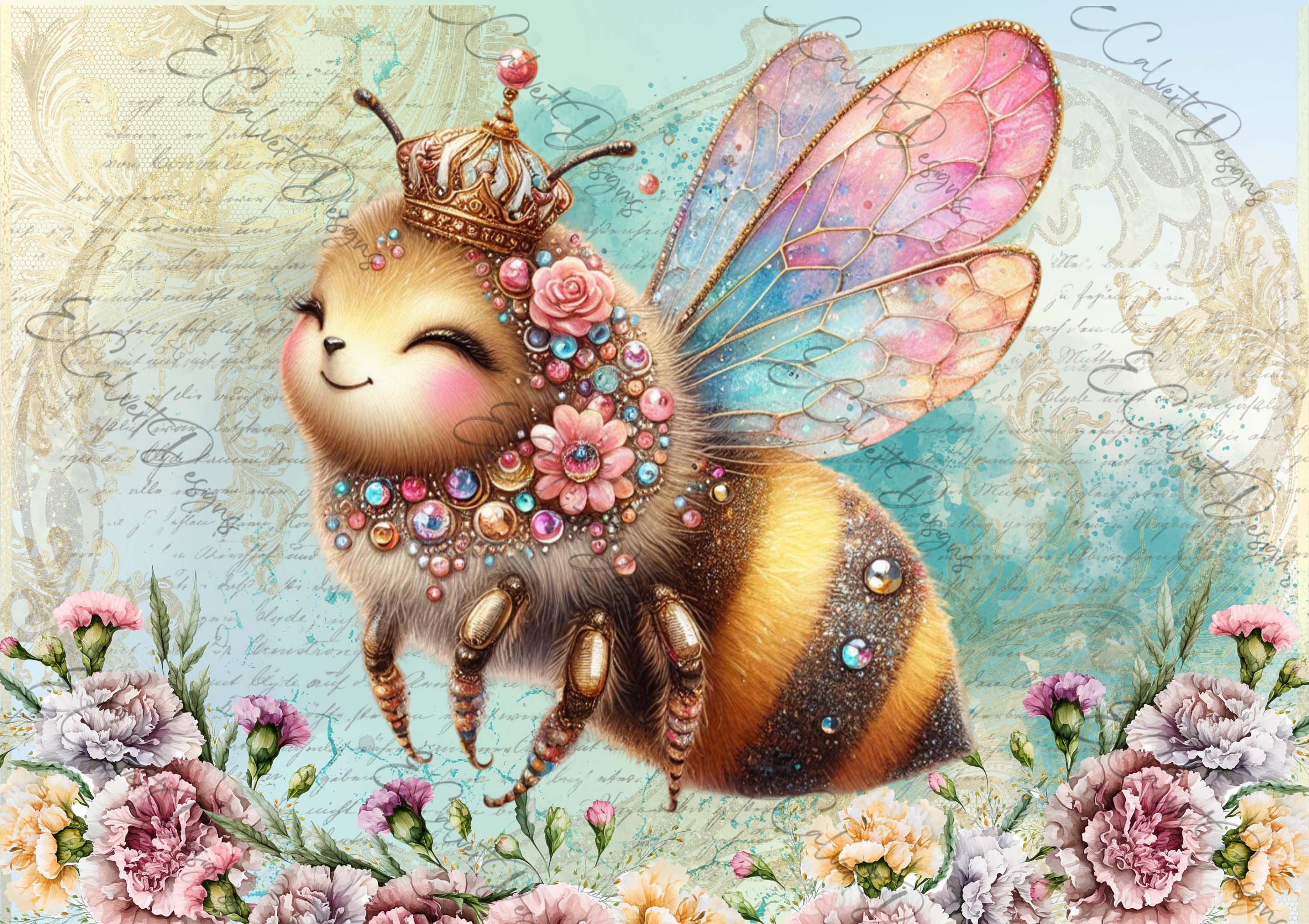 Print Only Queen Honey Bee With Crown, Bling and Pearls Rhinestones ...