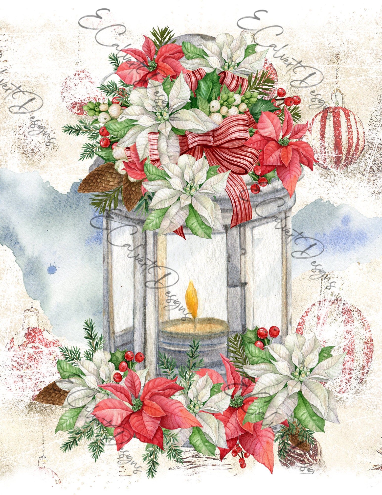 Christmas Lantern Digital for Rice Paper Decoupage Watercolor ...