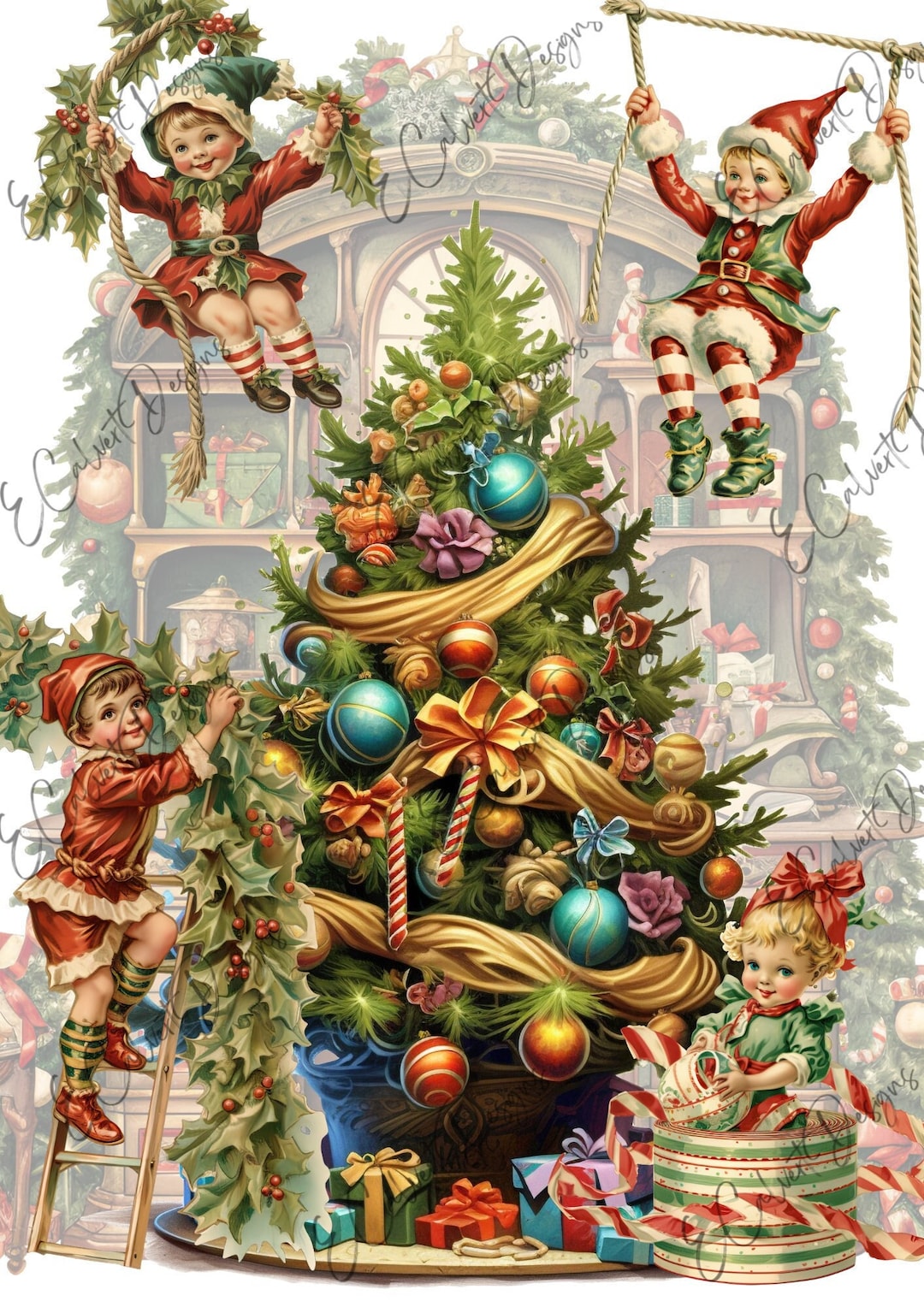 Santa's Workshop Elves Elf Christmas Tree Digital for - Etsy