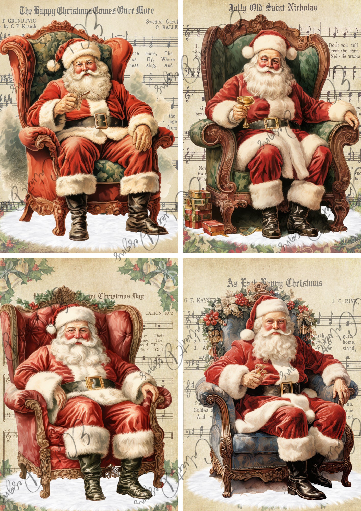 4 Designs in One Santa Sitting in Chair Digital for Rice Paper ...