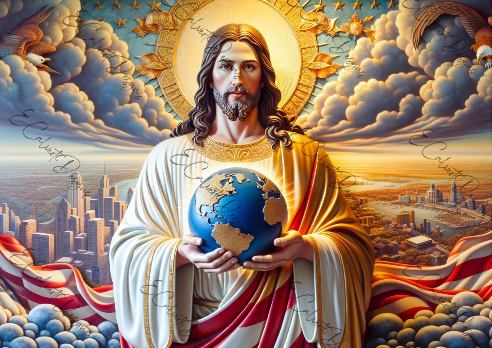 Jesus Holding the World in His Hands With US Flag Draped Over His ...