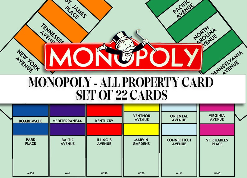 Monopoly Property Collection Set of 22 CARD Pack Monopoly All STREET ...