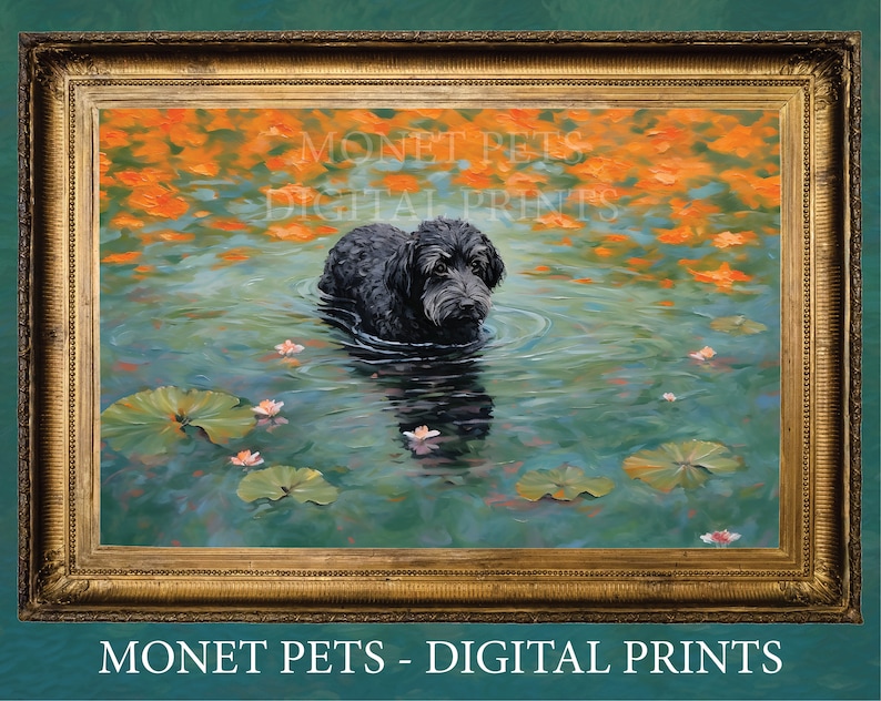 Black Doodle Dog Monet Art Print - Impressionist Water Lilies (digital ...