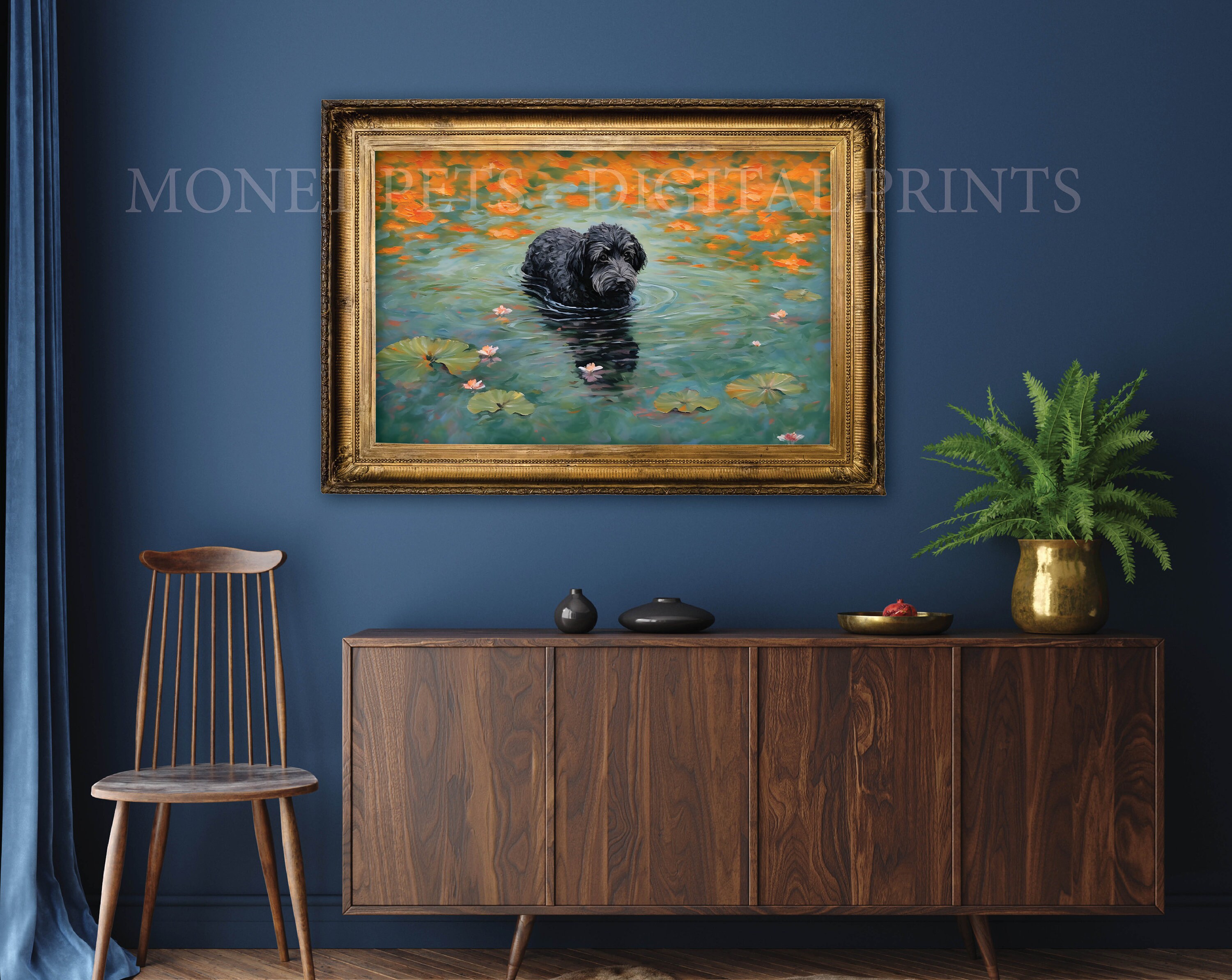 Black Doodle Dog Monet Art Print - Impressionist Water Lilies (digital ...