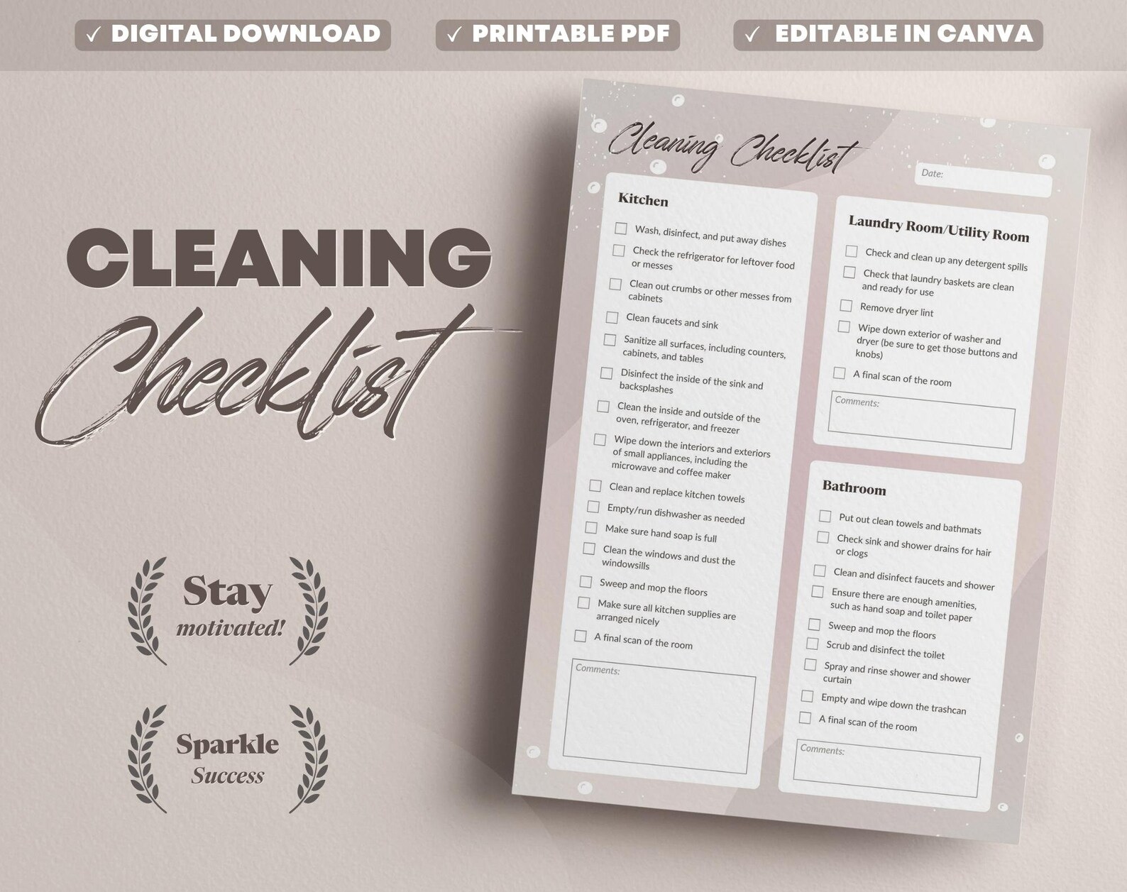 House Cleaning Checklist Printable Template Guide. Weekly Monthly Daily ...