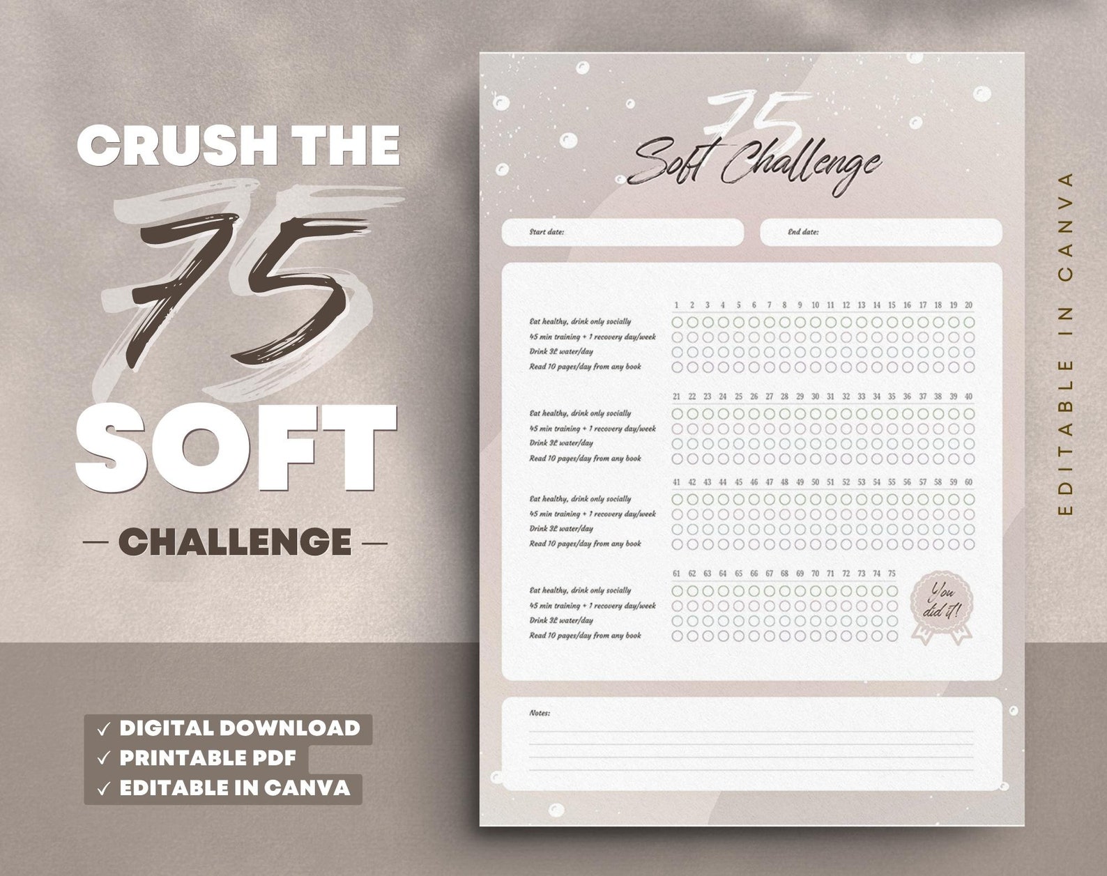 75 Soft Challenge Printable Tracker. Canva Editable Goal Setting Form ...