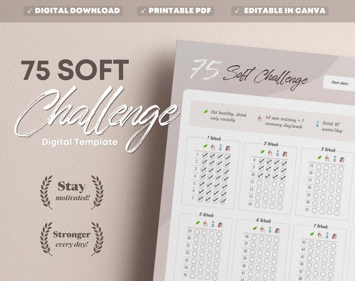 75 Day Soft Challenge Printable Tracker. Self-improvement Goal Tracking ...