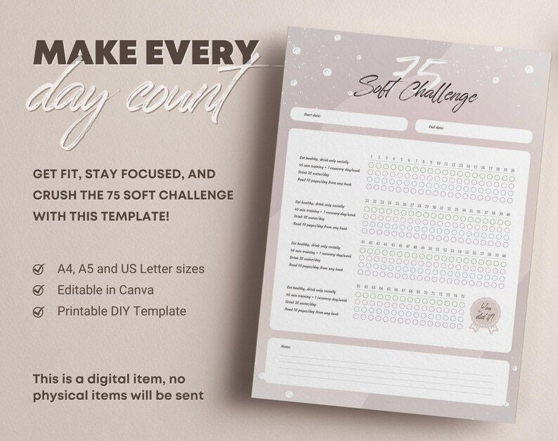 75 Soft Challenge Printable Tracker. Canva Editable Goal Setting Form ...