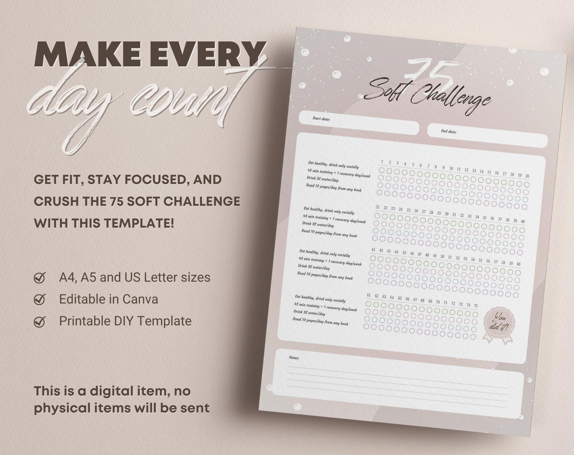 75 Soft Challenge Printable Tracker. Canva Editable Goal Setting Form ...