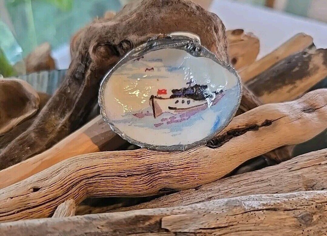 Decoupage Clam Shell Ship Fishing Boat Small Trinket Ring Dish Truro ...