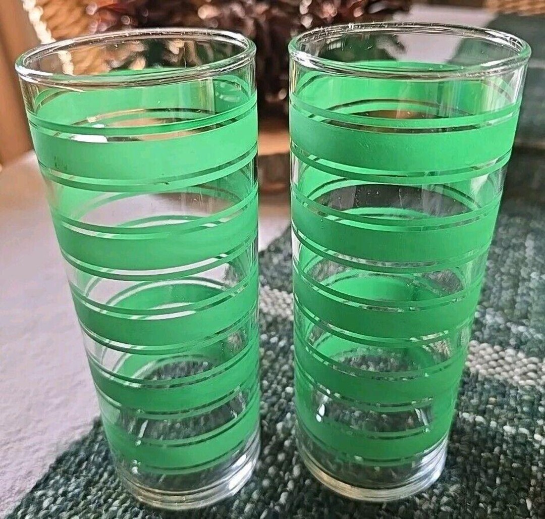 2 Vintage Libbey Green Striped Glass Glasses Highball Collins Drink ...