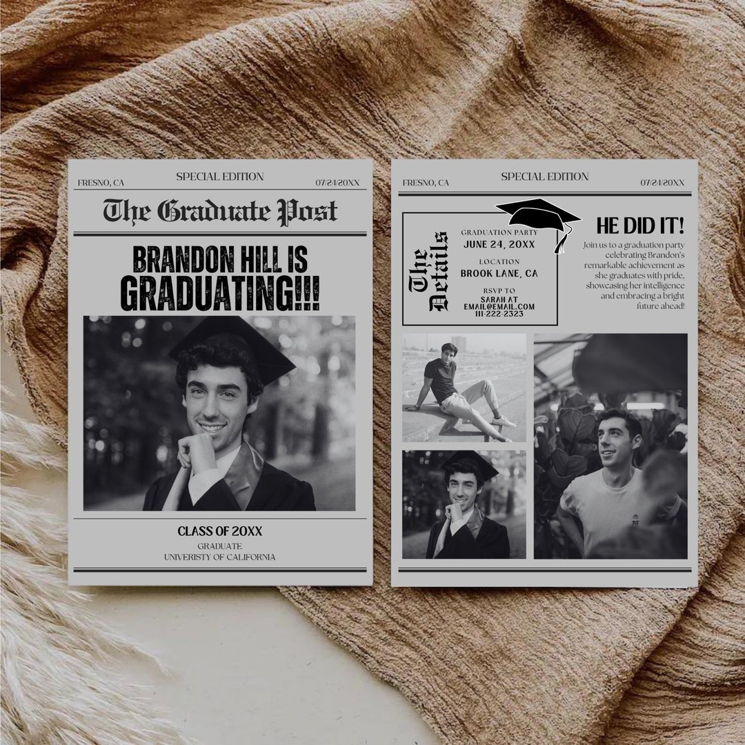 Newspaper Grad Invite, Graduation Announcement, Graduation Invitation ...