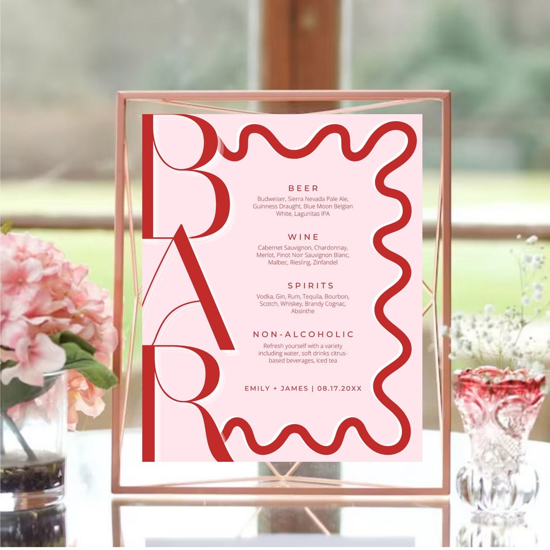 Retro Signature Drink Sign, Wavy Drink Sign, Red Squiggly Bar Menu Sign ...