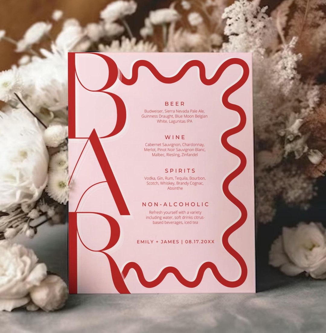 Red Squiggly Bar Menu Sign, Retro Signature Drink Sign, Wavy Drink Sign ...