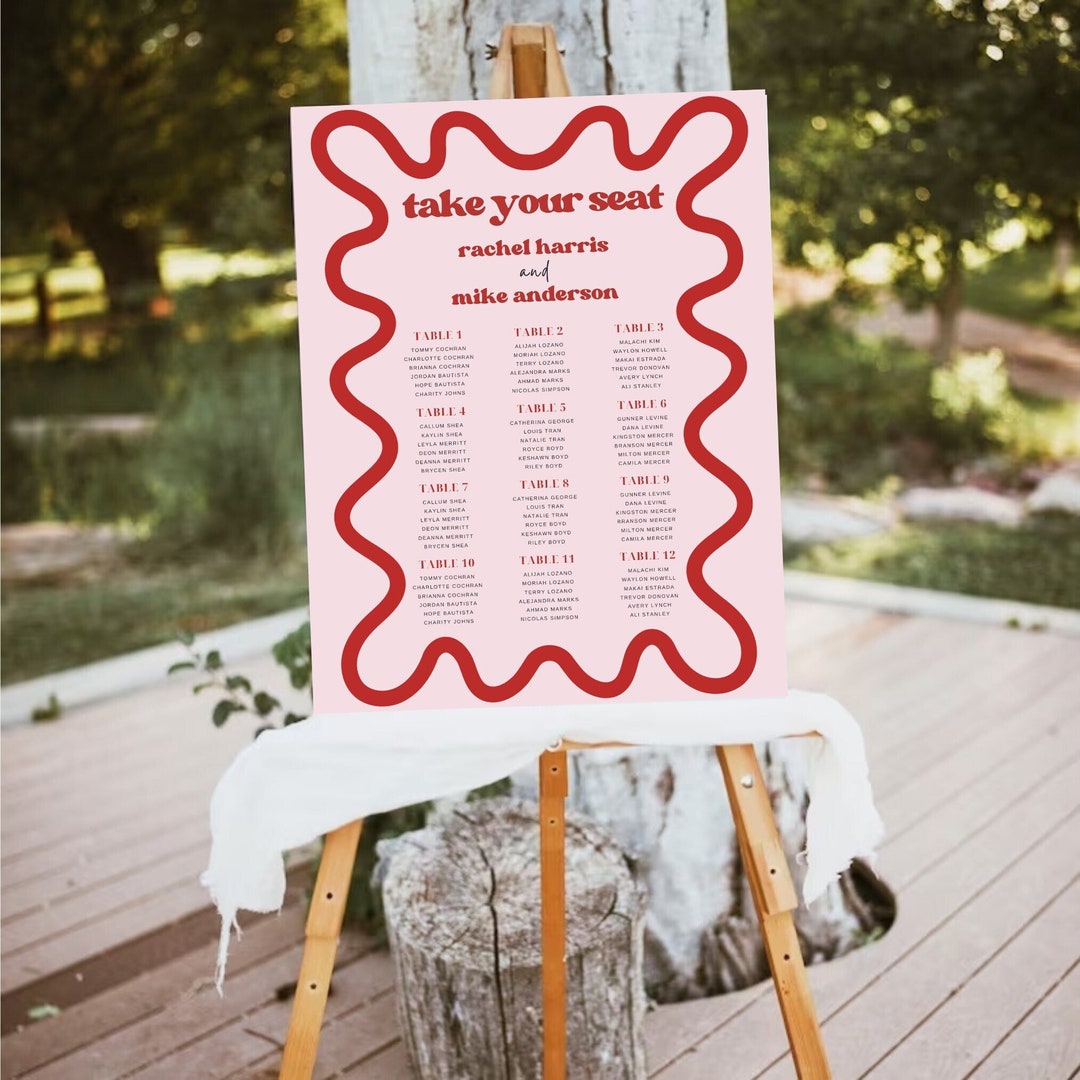 Red Wavy Retro Seating Chart, Wedding Seating Chart, Seating Chart Sign ...