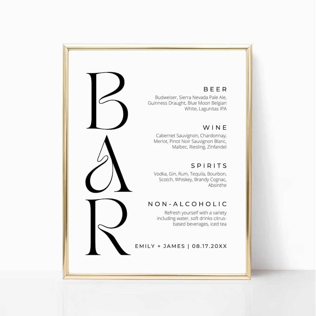 Bar Sign, Cocktail Menu, Drink Menu Sign, Cocktail Drink Sign, Wedding ...