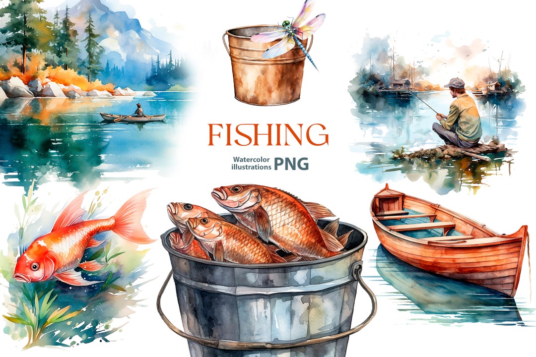 Watercolor Fishing Clipart 10 Png Fisherman Png Fathers Day - Etsy
