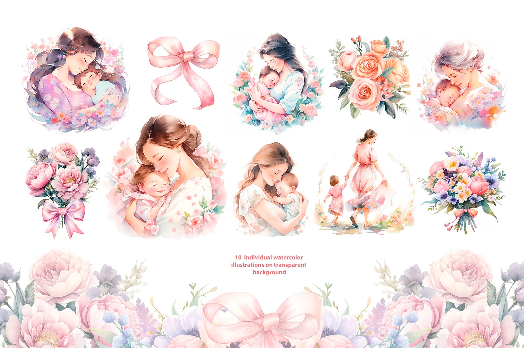 Watercolor Mother and Baby Clipart Set, 10 Png, Mother's Day Clipart ...