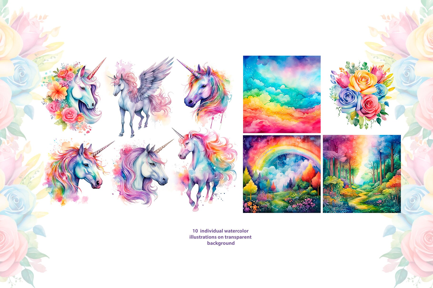 Watercolor Rainbow Unicorn Clipart Set, 10 Png, Rainbow Horses and ...