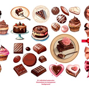 Watercolor Chocolate Clipart Set, 32 Png, Dessert Clipart, Watercolor ...