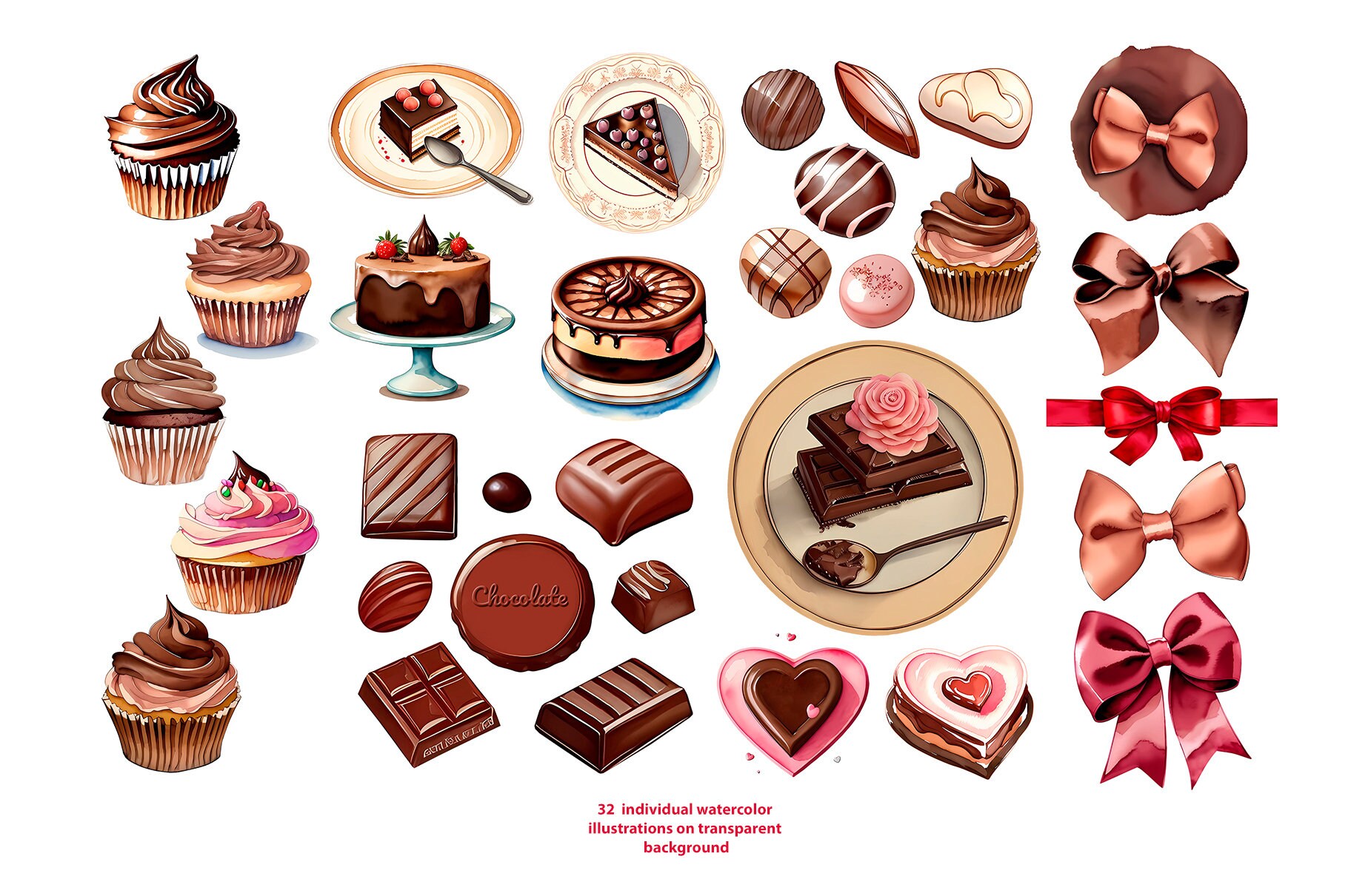 Watercolor Chocolate Clipart Set, 32 Png, Dessert Clipart, Watercolor ...