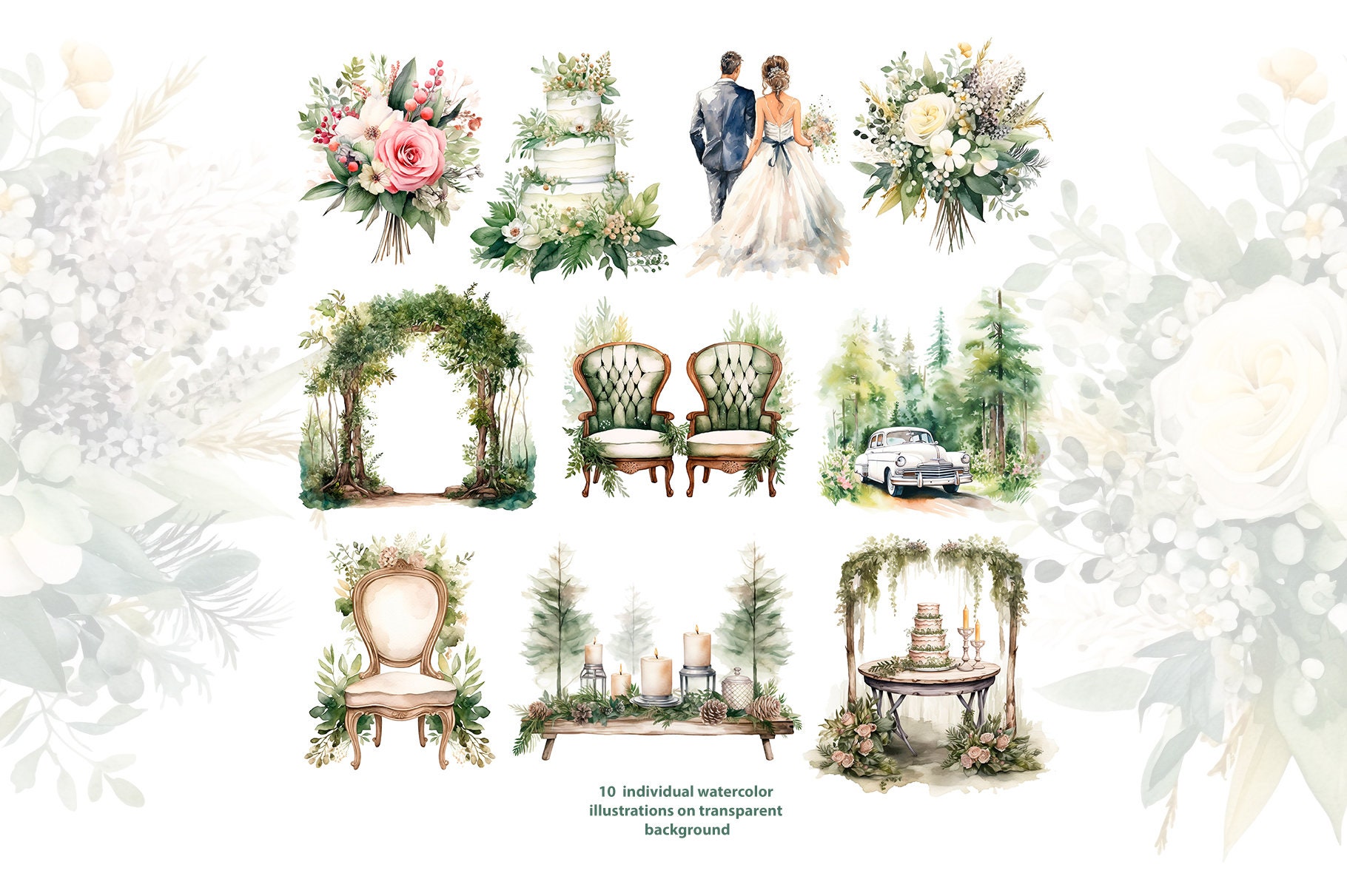Watercolor Wedding Clipart Set, 10 Png, Natural Style Clipart, Forest ...