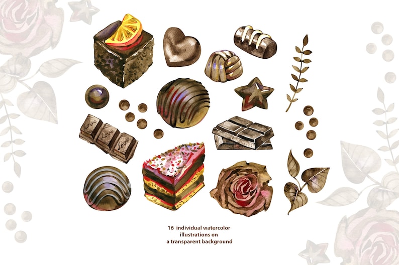 Watercolor Chocolate Clipart Set, 16 Png, Dessert Clipart, Watercolor ...