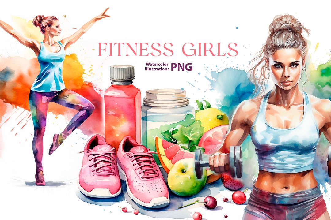 Watercolor Fitness Clipart Set, 10 Png, Sport Clipart, Girl Power ...