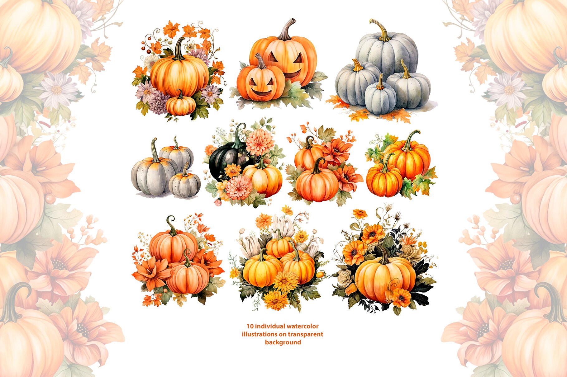 Watercolor Pumpkin Clipart Set, 10 Png, Autumn Clipart, Watercolor Fall ...