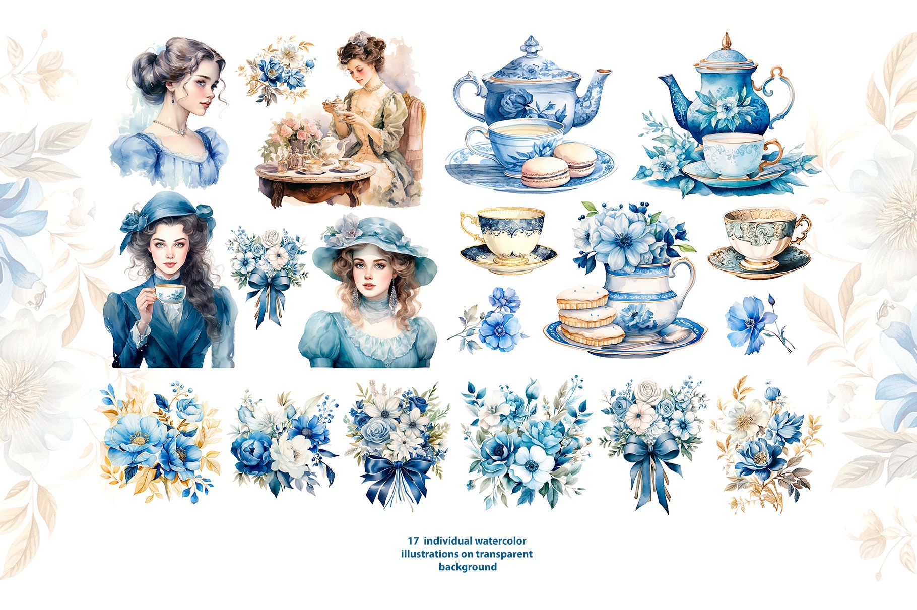 Watercolor Blue Clipart Set 17 Png Vintage Floral Clipart - Etsy
