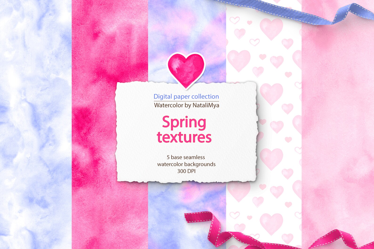 Watercolor Spring Digital Paper, Pink Seamless Pattern Set, Watercolor ...