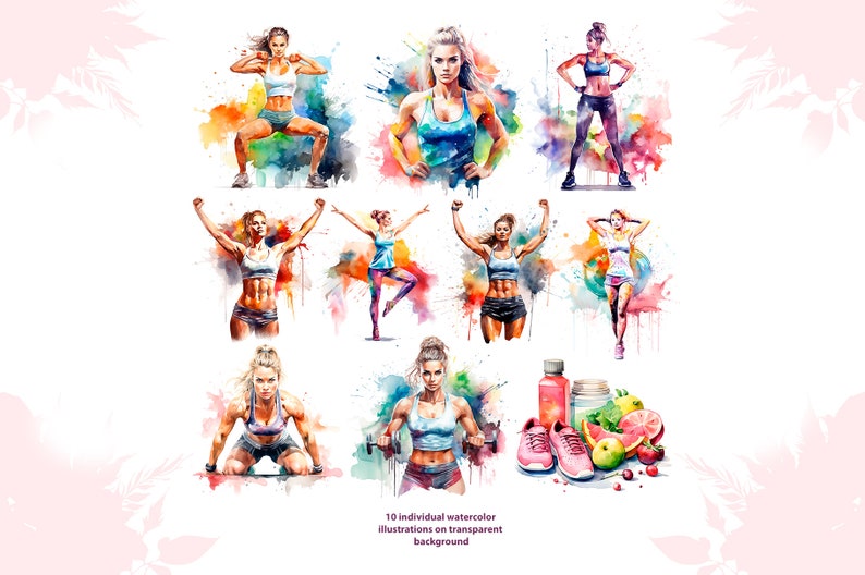 Watercolor Fitness Clipart Set, 10 Png, Sport Clipart, Girl Power ...