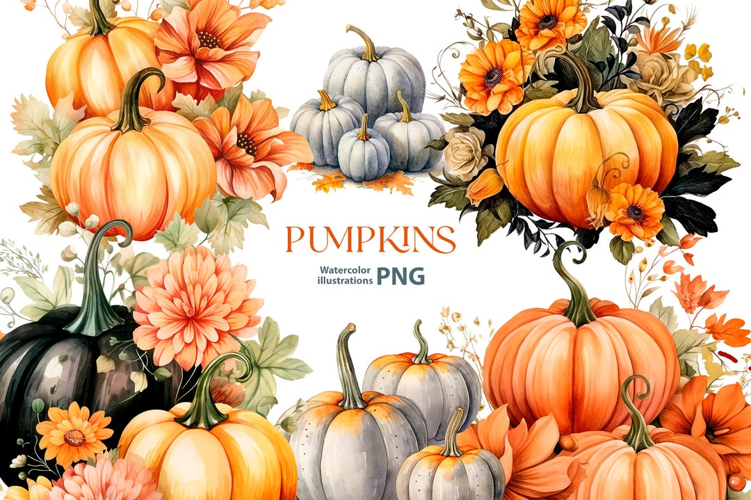 Watercolor Pumpkin Clipart Set, 10 Png, Autumn Clipart, Watercolor Fall ...