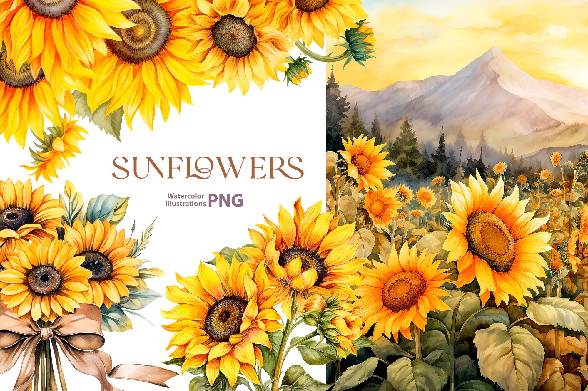 Watercolor Sunflower Clipart Set 5 Png Summer Clipart - Etsy