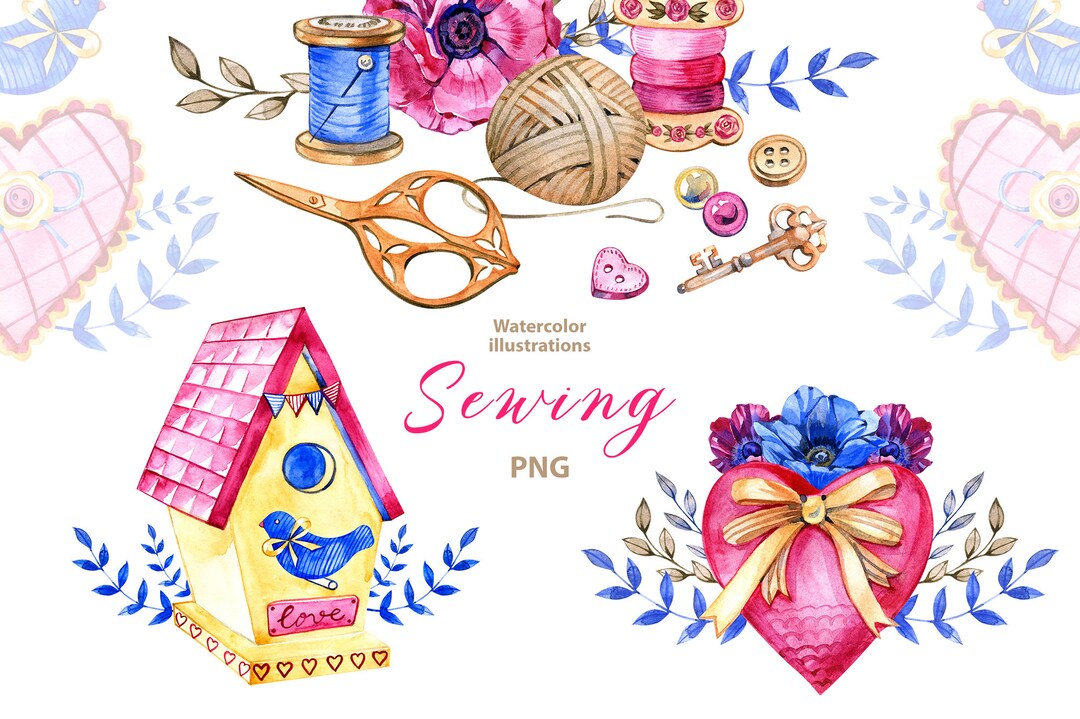 Watercolor Sewing Clipart Needlework Png, Cottagecore Sewing Clipart ...
