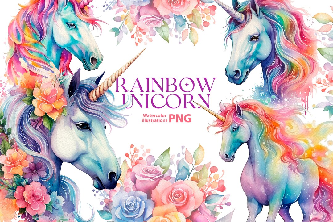 Watercolor Rainbow Unicorn Clipart Set, Princess Png, Rainbow Horses ...