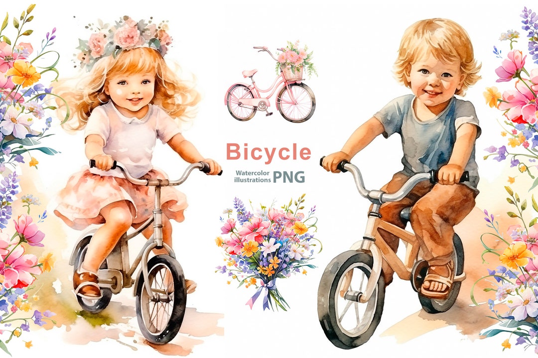 Watercolor Summer Clipart, 10 Png, Сhild Riding Bicycle Watercolor Cute ...