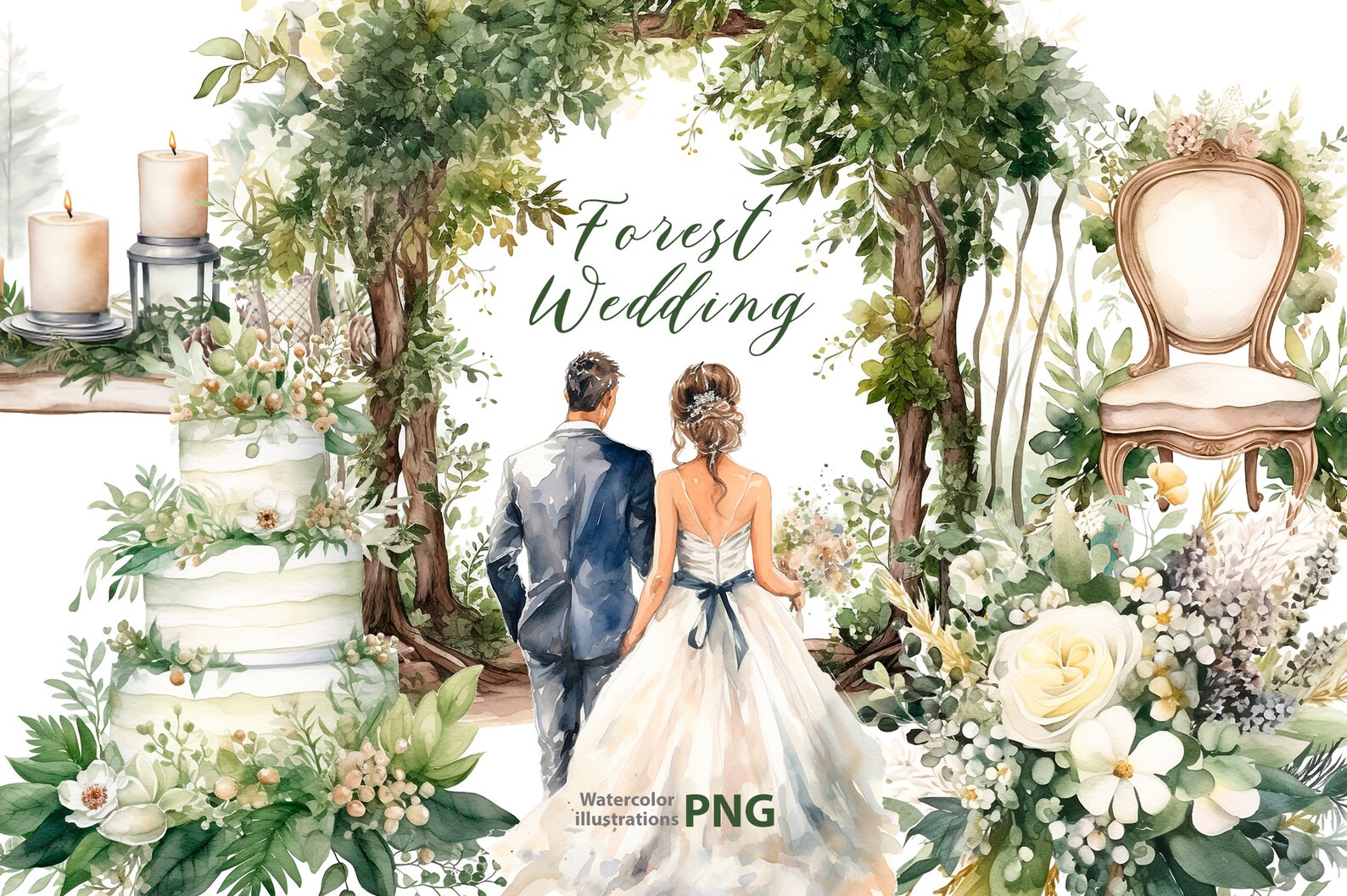 Watercolor Wedding Clipart Set, 10 Png, Natural Style Clipart, Forest ...